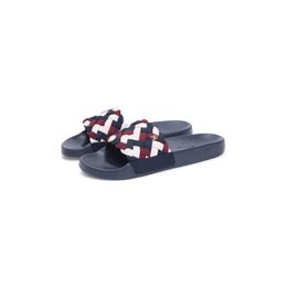 Pantolette Tommy Hilfiger "TH BRAIDED POOL SLIDE", Damen, Gr. 39, dunkelblau, wei&szlig;, rot, Baumwolle, kontrastfarbene Details, Schuhe Pantolette, Plateau, Sommerschuh, Strandschuh mit geflochtener Bandage