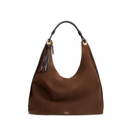 Hobo Tommy Hilfiger "TH STATEMENT LEATHER HOBO SUEDE", Damen, Gr. B/H/T: 0cm x 0cm x 0cm, braun, Veloursleder, Taschen Hobo, Damen Shopper, Schultertasche, Handtasche, goldfarbenes Logo