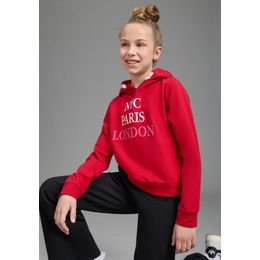 Kapuzensweatshirt Kidsworld "NYC Paris London - Stickerei", M&auml;dchen, Gr. 140/146, rot, Sweatware, Obermaterial: 100% Baumwolle, bestickt, gerade taillenbedeckt, B&uuml;ndchen, Sweatshirts Kapuzensweatshirt, Langarm, gerade Passform, bedruckt, Kapuze, aus Baumwolle