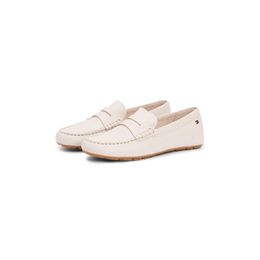 Slipper Tommy Hilfiger "FLAG LEATHER DRIVER LOAFER", Damen, Gr. 37, natur, Leder, unifarben, Schuhe Slipper, Halbschuh, Schlupfschuh mit modischer Ziersteppung