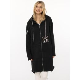 Kurzmantel Zwillingsherz "Alissa Shiny", Damen, Gr. S/M, schwarz, Sweatware, Obermaterial: 50% Baumwolle, 50% Polyester, bedruckt, bestickt, unifarben, bequem ca. Mitte Oberschenkel, ohne Ausschnitt, gerader Abschluss, M&auml;ntel Kurzmantel, Kapuze, Rei&szlig;verschluss, gl&auml;nzender Print, bedrucktes Band