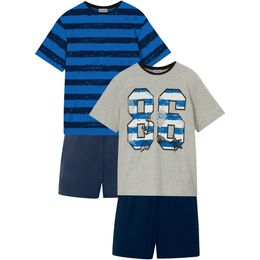 Shorty bonprix "Shorty mit weicher Baumwolle (4-tlg. Set)", Jungen, Gr. 128/134, blau (blau gestreift, dunkelblau, grau meliert bedruckt, schwarz), Jersey, Obermaterial: 95% Baumwolle, 5% Viskose. Obermaterial 2: 100% Baumwolle, bedruckt, geringelt, gestreift, unifarben, Basic kurz, Rundhals, Homewear-Sets Shorty, lockere Passform, aus Baumwolle und Viskose, 4-teiliges Set