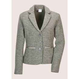 Madeleine Mode Jackenblazer MADELEINE "Kurzblazer Eleganter Schurwollblazer in Melange", Damen, Gr. 42, grau (graphit, melange), Obermaterial: 93% Schurwolle WV. 4% metallisierte Fasern MTF. 3% Polyamid PA., Modern, Blazer, Glanzeffekte, Schmuckkn&ouml;pfe