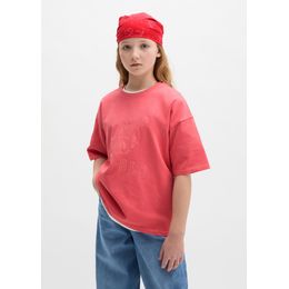 Marc O'Polo Junior T-Shirt MARC O'POLO JUNIOR, M&auml;dchen, Gr. 140, coral, Jersey, Obermaterial: 100% Baumwolle, relaxed fit normal, Rundhals, Shirts T-Shirt, kontrastfarbene Logo-Print in gesplitterter Optik, lockere Passform