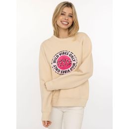 Hoodie Zwillingsherz "Wild Vibes", Damen, Gr. S/M, beige, Sweatware, Obermaterial: 50% Baumwolle, 50% Polyester, Sweatshirts Hoodie, Rundhals, runder Druck mit Leomuster und Schriftzug