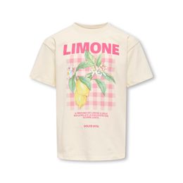 T-Shirt KIDS Only "KOGCARINA LIFE SS LOOSE PRINTED TOP JRS", M&auml;dchen, Gr. 134/140, tofu print:limone, Jersey, Obermaterial: 100% Baumwolle, bedruckt, unifarben, loose fit normal, Rundhals, Shirts T-Shirt, mit sommerlichem Frontdruck