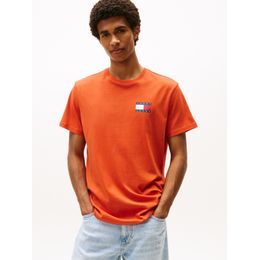 T-Shirt Tommy Jeans "TJM SLIM FIT ESSENTIAL FLAG", Herren, Gr. XL, orange (voyager orange), Single Jersey, Obermaterial: 100% Baumwolle, unifarben, slim fit normal, Rundhals, eingesetzt abgesteppte Kante, Shirts T-Shirt, mit Rundhalsausschnitt