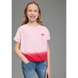 T-Shirt Kangaroos "mit Farbverlauf und Logodruck", M&auml;dchen, Gr. 140/146, rosa, rot, Jersey, Obermaterial: 100% Baumwolle, bedruckt, bequem h&uuml;ftlang, Rundhals, Fledermaus&auml;rmel abgesteppte Kante, Shirts T-Shirt, Kurzarm, weite Fledermaus&auml;rmel, modisches Batikmuster