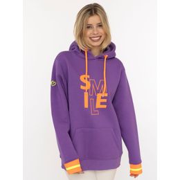 Hoodie Zwillingsherz "SMILE", Damen, Gr. L/XL, dunkellila, Sweatware, Obermaterial: 50% Baumwolle, 50% Polyester, kontrastfarbene Details, unifarben, bequem Po-bedeckend, ohne Ausschnitt, angesetztes B&uuml;ndchen kontrastfarben, Sweatshirts Hoodie, gro&szlig;e Stickerei, gestreifte B&uuml;ndchen, Fronttasche, Kapuze