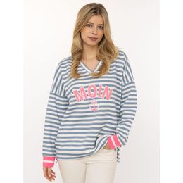 Hoodie Zwillingsherz "Streifen Moin", Damen, Gr. S/M, jeans, Sweatware, Obermaterial: 50% Baumwolle, 50% Polyester, comfort fit Po-bedeckend, V-Ausschnitt, angesetztes B&uuml;ndchen, Sweatshirts Hoodie, V-Neck, gestreift, Stickerei mit Anker, gestreifte B&uuml;ndchen