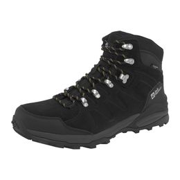 Wanderschuh Jack Wolfskin "REFUGIO TEXAPORE MID M", Herren, Gr. 44, schwarz (phantom, burlygelbxt), Leder, Synthetik, Textil, Schuhe Wanderschuh, wasserdicht, Trekkingschuh