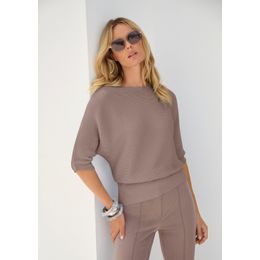 Madeleine Mode Longpullover MADELEINE "Pullover Rundhals-Pullover mit Fledermaus&auml;rmeln", Damen, Gr. 40/42, beige (cappuccino), Obermaterial: 100% Baumwolle CO., Modern, normal, Pullover Longpullover