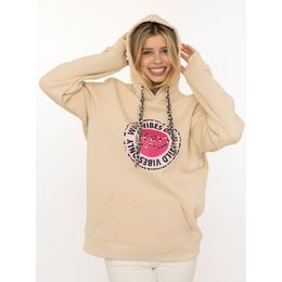 Hoodie Zwillingsherz "Wild Vibes", Damen, Gr. L/XL, beige, Sweatware, Obermaterial: 50% Baumwolle, 50% Polyester, Sweatshirts Hoodie, runder Druck, Leo Details, Stickerei auf Kapuze, Fronttasche