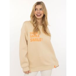 Hoodie Zwillingsherz "Smile Smile Smile", Damen, Gr. L/XL, beige, Sweatware, Obermaterial: 50% Baumwolle, 50% Polyester, Sweatshirts Hoodie, Rundhals, Stickerei in Neon, fr&ouml;hliche Botschaft