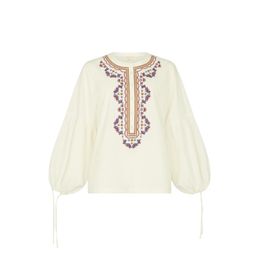 Hemdbluse RAFFYA "Anai Half Placket Embroidered Blouse Damen", Damen, Gr. 36, cream, 60% Viskose, 30% Leinen, 10% Polyester, Blusen Hemdbluse