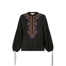 Hemdbluse RAFFYA "Anai Half Placket Embroidered Blouse Damen", Damen, Gr. 40, schwarz, 60% Viskose, 30% Leinen, 10% Polyester, Blusen Hemdbluse