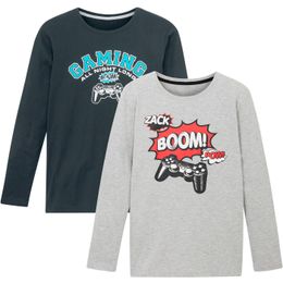 Langarmshirt bonprix, Jungen, Gr. 152/158, schwarz (schwarz, hellgrau meliert bedruckt), Obermaterial: 100% Baumwolle, Shirts Langarmshirt, lockere Passform, mit Langarm, mit Gamer-Print, aus Baumwolle