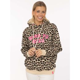 Hoodie Zwillingsherz "Born to roar", Damen, Gr. S/M, beige, Sweatware, Obermaterial: 50% Baumwolle, 50% Polyester, bequem h&uuml;ftlang, ohne Ausschnitt, angesetztes B&uuml;ndchen, Sweatshirts Hoodie, Leo Muster, pinker Schriftzug, Kordel, Kapuze, Fronttasche