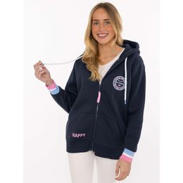 Kapuzensweatjacke Zwillingsherz "Smile Everyday ZH", Damen, Gr. L/XL, marine, Sweatware, Obermaterial: 50% Baumwolle, 50% Polyester, unifarben, normal h&uuml;ftlang, V-Ausschnitt, Sweatjacken Zip-Hoodie, Kapuze, Taschen, Langarm, Stickerei, Rei&szlig;verschluss