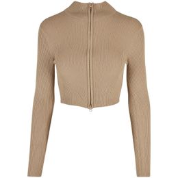 Cardigan Urban Classics "Urban Classics Damen Ladies Cropped Rib Knit Zip Cardigan", Damen, Gr. M, unionbeige, 35% Polyacryl, 35% Viskose, 30% Polyamid, unifarben, amerikanischer Ausschnitt, Strickjacken