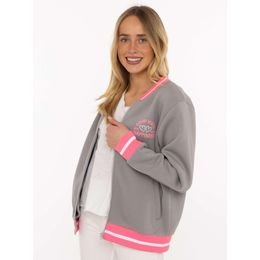 Sweatjacke Zwillingsherz "College", Damen, Gr. L/XL, mittelgrau, Sweatware, Obermaterial: 50% Baumwolle, 50% Polyester, Sweatjacken Sweatjacke, Rei&szlig;verschluss, gestreiften Rippb&uuml;ndchen, Eingriffstaschen, Stickerei