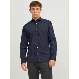 Jack & Jones Langarmhemd JACK & JONES "JJJOE SHIRT LS PLAIN", Herren, Gr. S, N-Gr, blau (navy blazer), Web, Obermaterial: 65% Polyester, 35% Baumwolle, unifarben, slim fit normal, 2-Knopf-Manschette, Hemden, Materialmix, slim fit