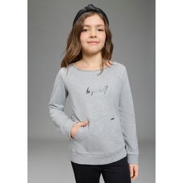 Sweatshirt Bruno Banani "Banani Sweatshirt mit Folienprint", M&auml;dchen, Gr. 128/134, graumeliert, Sweatware, Obermaterial: 90% Baumwolle, 10% Viskose, bedruckt, Basic, U-Boot-Ausschnitt, abgestepptes B&uuml;ndchen, Sweatshirts Sweatshirt, f&uuml;r M&auml;dchen, mit Glitzerdruck und Applikation, mit U-Boot-Ausschnitt