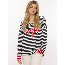 Hoodie Zwillingsherz "Streifen Moin", Damen, Gr. S/M, marine, Sweatware, Obermaterial: 50% Baumwolle, 50% Polyester, comfort fit Po-bedeckend, V-Ausschnitt, angesetztes B&uuml;ndchen, Sweatshirts Hoodie, V-Neck, gestreift, Stickerei mit Anker, gestreifte B&uuml;ndchen