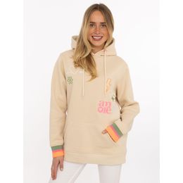 Hoodie Zwillingsherz "Patches & Amore", Damen, Gr. L/XL, beige, Sweatware, Obermaterial: 50% Baumwolle, 50% Polyester, Sweatshirts Hoodie, farbenfrohe Stickereien, Kapuze und Fronttasche