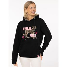 Hoodie Zwillingsherz "Wild Free", Damen, Gr. L/XL, schwarz, Sweatware, Obermaterial: 50% Baumwolle, 50% Polyester, bequem h&uuml;ftlang, ohne Ausschnitt, angesetztes B&uuml;ndchen, Sweatshirts Hoodie, gestickter Leopard, Statement Schriftzug, Kapuze