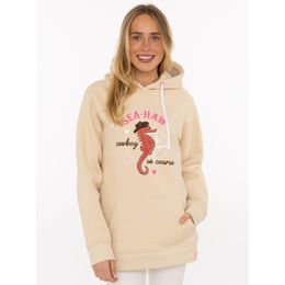 Hoodie Zwillingsherz "Seepferdchen Cowbody", Damen, Gr. L/XL, beige, Sweatware, Obermaterial: 50% Baumwolle, 50% Polyester, bedruckt, unifarben, bequem Po-bedeckend, ohne Ausschnitt, angesetztes B&uuml;ndchen, Sweatshirts Hoodie, mit Stickerei, Kapuze, Fronttasche