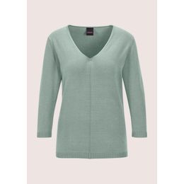 Madeleine Mode Longpullover MADELEINE "Strickpullover Schlichter Baumwollpullover mit V-Ausschnitt", Damen, Gr. 40/42, gr&uuml;n (hellsalbeigr&uuml;n), Obermaterial: 100% Baumwolle CO., Modern, normal, V-Ausschnitt, Pullover Longpullover