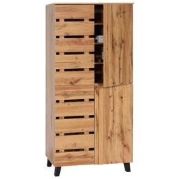 Schrank MCW-M46, Highboard Regalschrank Garderobenschrank Hochschrank, 4 T&uuml;ren 8 Stauf&auml;cher, 162x80x32cm, naturfarben