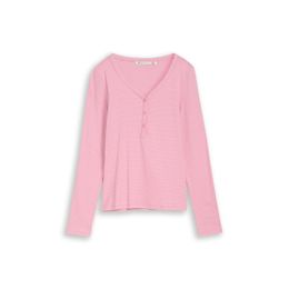 Tom Tailor Denim Damen Slim Fit Henley Langarmshirt mit Streifenmuster, rosa, Gestreift, Gr. M