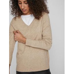 Vila Damen V-Ausschnitt-Pullover "VIRIL V-NECK L/S KNIT TOP - NOOS", beige, Gr. XXL, meliert, unifarben, Feinstrick, Obermaterial: 50% Viskose, 27%