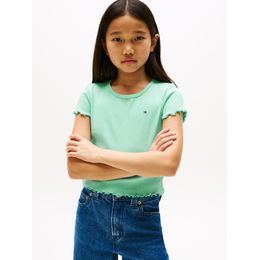 Tommy Hilfiger M&auml;dchen T-Shirt "ESSENTIAL RIB TOP mit Babylock-Kanten und Stickerei", gr&uuml;n, Gr. 5, unifarben, Rippware, Obermaterial: 95% Baumwolle,