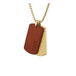 BOSS Herren Kette mit Anh&auml;nger "DEVON", Edelstahl Leder, L: 56 B: 2mmgelbgoldfarben, braun, Edelstahl, Leder, B:2mm, Halsketten