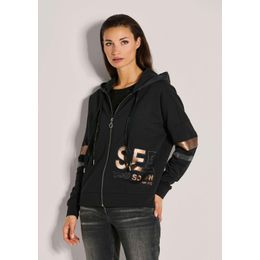 Madeleine Mode MADELEINE Damen Kurzjacke "Kapuzenjacke Gl&auml;nzende Oversized-Jacke mit Strass", schwarz, Modern, Gr. 34, Obermaterial: 93% Baumwolle CO. 7% Elasthan