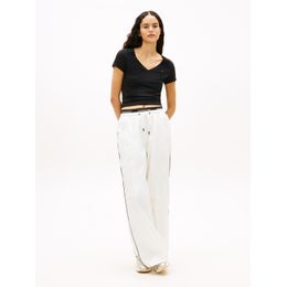 Tommy Jeans Damen Kurzarmshirt "TJW SLIM V-NECK TEE", schwarz, Gr. XS, unifarben, Single Jersey, Obermaterial: 100% Baumwolle, Shirts, mit