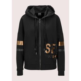Madeleine Mode MADELEINE Damen Kurzjacke "Kapuzenjacke Gl&auml;nzende Oversized-Jacke mit Strass", schwarz, Modern, Gr. 42, Obermaterial: 93% Baumwolle CO. 7% Elasthan