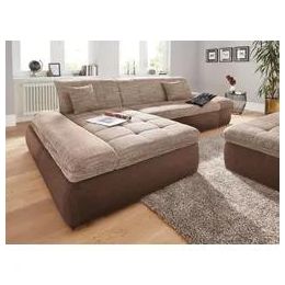 Ecksofa DOMO collection "PB Moric wahlweise mit Bettfunktion + Armteilverstellung, L-Form", braun (braun, braun, beige, beige), B:300cm H:80cm T:172cm, Kunstleder SOFTLUX / Struktur (90% Polyester, 10% Polyacryl);Zierkissen: Struktur (90% Polyester, 10% Polyacryl);Microfaser PRIMABELLE (100% Polyester) / Struktur (90% Polyester, 10% Polyacryl), Sofas, Ecksofa, im XXL-Format, B/T/H:300/172/80 cm, f