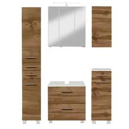 Badm&ouml;bel-Set Welltime "Trento", Badezimmer-Set, H&auml;ngeschrank, Unterschrank, Hochschrank", wei&szlig; (wotaneiche, wei&szlig;), B:120cm H:200cm T:35cm, Holzwerkstoff, MDF, Kastenm&ouml;bel-Sets, Badm&ouml;bel-Set, Waschbeckenunterschrank, Spiegelschrank inkl. Aufbauleuchte