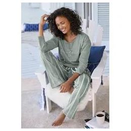 Pyjama Vivance DREAMS, Damen, Gr. 32/34, gr&uuml;n (gr&uuml;n gestreift), Single Jersey, Obermaterial: 100% Baumwolle, Basic, bequem lang, Rundhals, Homewear-Sets Pyjama, mit Frontdruck