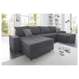 Wohnlandschaft Collection AB "Josy XL U-Form, Breite: 313 cm", grau (grau, anthrazit), B:313cm H:84cm T:161cm, Kunstleder SOFTLUX/100% Polyester, Sofas, Wohnlandschaft, Bettfunktion, Bettkasten & 2 Zierkissen, Federkern