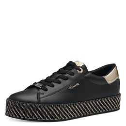 Plateausneaker Tamaris, Damen, Gr. 38, schwarz, goldfarben, Lederimitat, gl&auml;nzend, unifarben mit Farbeinsatz, Schuhe Plateausneaker, Freizeitschuh, Halbschuh, Schn&uuml;rschuh mit Textilkordel am Plateau