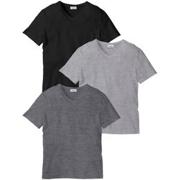 bonprix Herren T-Shirt "T-Shirt mit V-Ausschnitt (3er Pack)", grau, Gr. 52, Obermaterial: 60% Baumwolle, 40% Polyester, Shirts, Regular Fit,