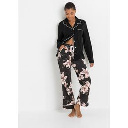 bonprix Damen Pyjama, Gr. 56, schwarz, Jersey, Obermaterial: 100% Baumwolle, bedruckt, kontrastfarbene Details, Homewear-Sets, bequeme Passform, aus