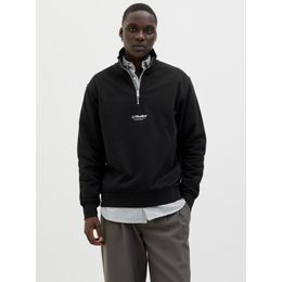 Jack & Jones JACK & JONES Herren Sweatshirt "JJESOHO SWEAT QUARTER ZIP HN NOOS", schwarz, Gr. M, bedruckt, angeraute Sweatware, Obermaterial: 80% Baumwolle, 20%