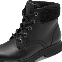 Tamaris Damen Winterboots, Gr. 38, schwarz, Leder, Textil, unifarben, Schuhe, Blockabsatz, Schn&uuml;rboots, Schn&uuml;rstiefelette mit gepr&auml;gtem Logo