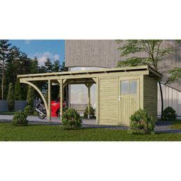 Karibu Einzelcarport 'Eco 2' 304 x 676 cm Kiefer KDI PVC-Dach, mit einem Einfahrtsbogen